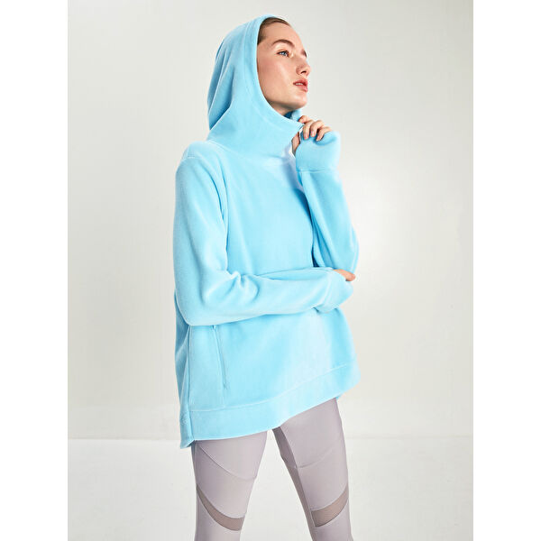 Kapüşonlu Düz Uzun Kollu Polar Kadın Sweatshirt