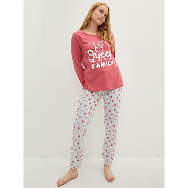 Bisiklet Yaka Baskılı Uzun Kollu Pamuklu Kadın Pijama Takımı