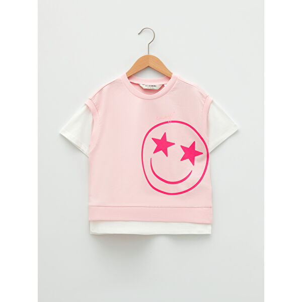 Bisiklet Yaka Emoji Baskılı Kısa Kollu Kız Çocuk Sweatshirt Bisiklet Yaka Emoji Baskılı Kısa Kollu Kız Çocuk Sweatshirt