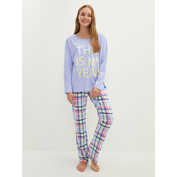 Bisiklet Yaka Baskılı Uzun Kollu Pamuklu Kadın Pijama Takımı Bisiklet Yaka Baskılı Uzun Kollu Pamuklu Kadın Pijama Takımı