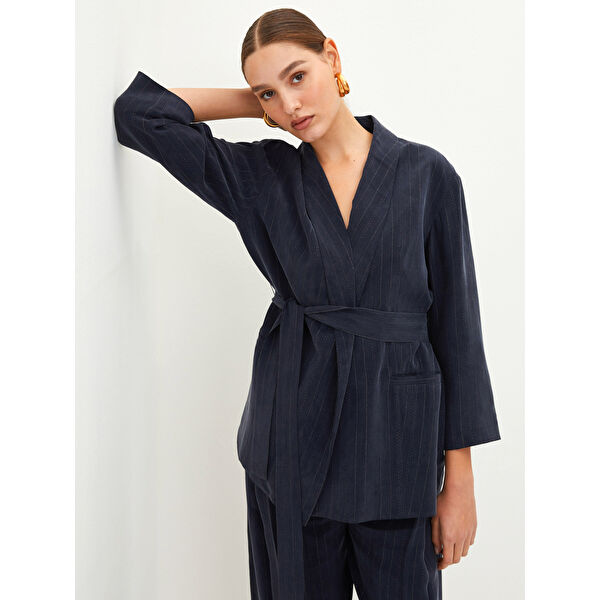 NATUVERA Ceket Yaka Çizgili Uzun Kollu Beli Kuşaklı Cep Detaylı Kadın Ceket