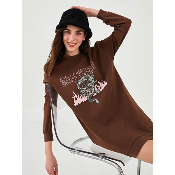 Bisiklet Yaka Baskılı Uzun Kollu Kadın Elbise