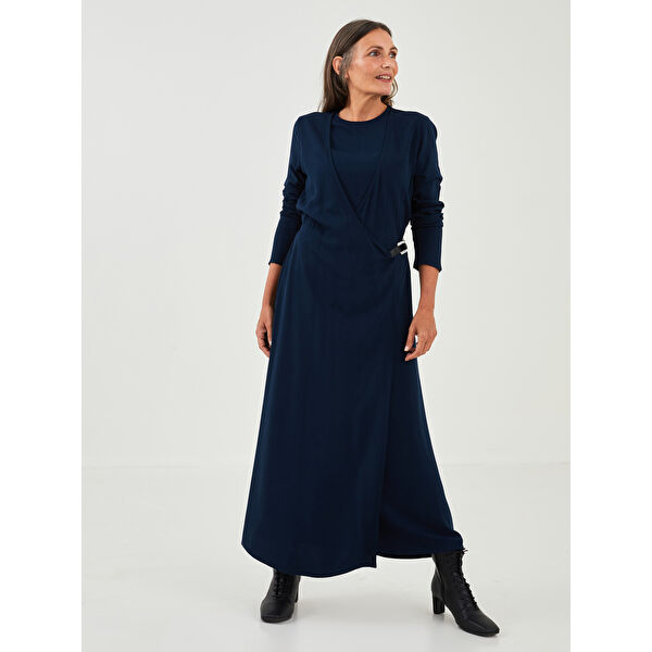 Bisiklet Yaka Düz Uzun Kollu A Kesim Viskon Kadın Elbise