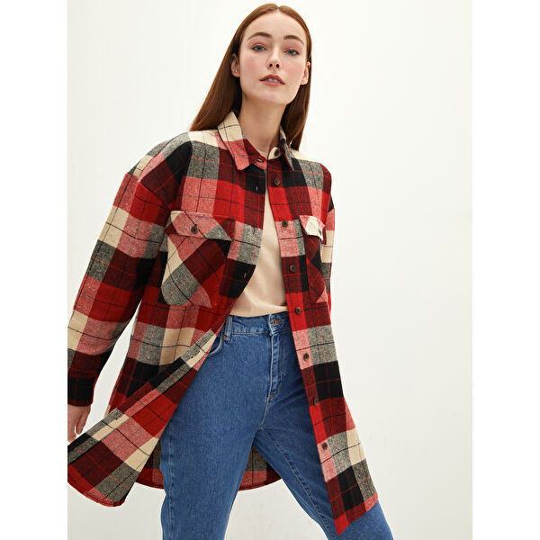Gömlek Yaka Ekose Uzun Kollu Oversize Flanel Kumaş Kadın Tunik Gömlek Yaka Ekose Uzun Kollu Oversize Flanel Kumaş Kadın Tunik