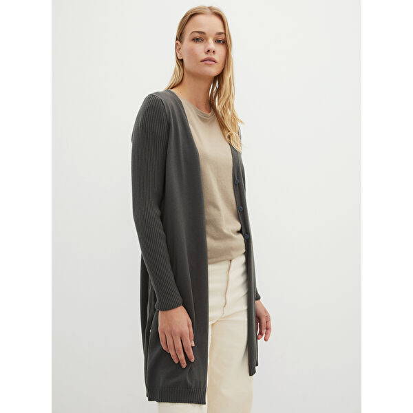 V Yaka Düz Uzun Kollu Kadın Triko Hırka