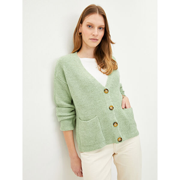 V Yaka Düz Uzun Kollu Cep Detaylı Kadın Triko Hırka