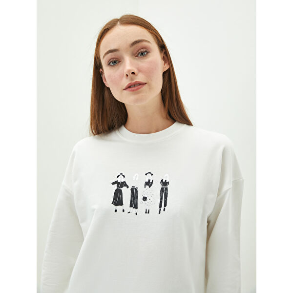 Bisiklet Yaka Baskılı Uzun Kollu Pamuklu Kadın Tunik