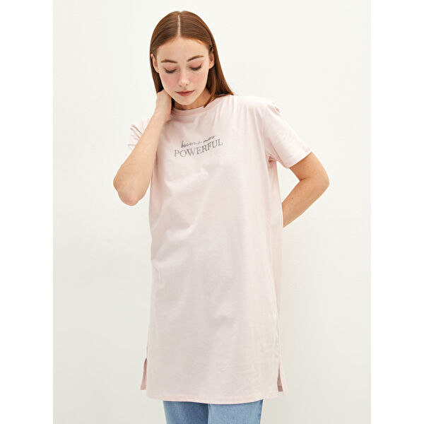 Bisiklet Yaka Baskılı Kısa Kollu Pamuklu Kadın Tunik