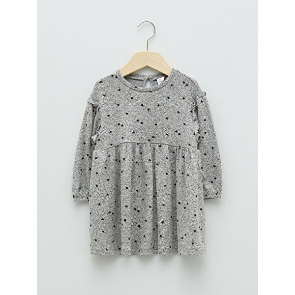 Bisiklet Yaka Uzun Kollu Desenli Kız Bebek Elbise