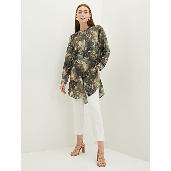 Hakim Yaka Desenli Uzun Kollu Viskon Kadın Tunik
