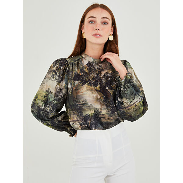 Bisiklet Yaka Desenli Uzun Kollu Viskon Kadın Bluz