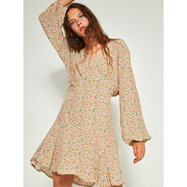 V Yaka Desenli Uzun Kollu Viskon Kadın Elbise