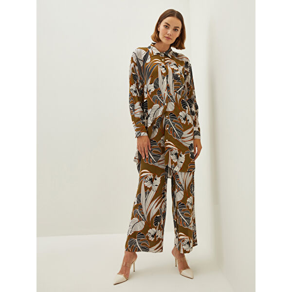 Beli Lastikli Desenli Viskon Kadın Palazzo Pantolon