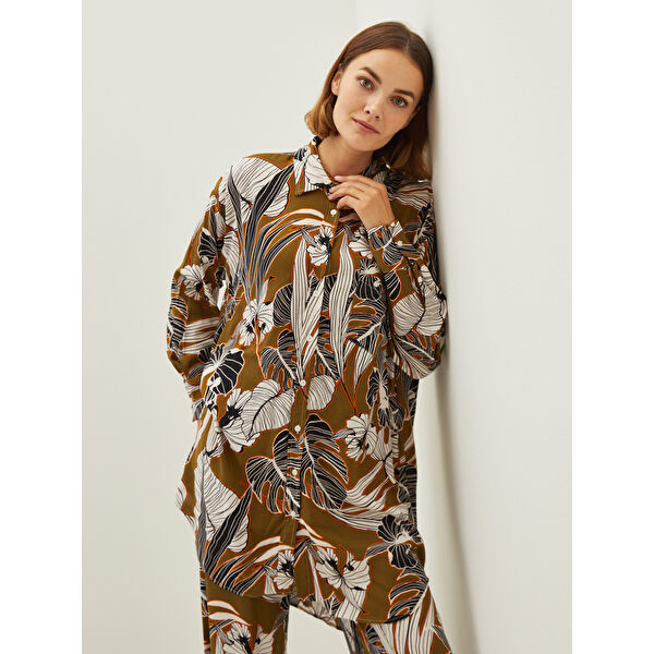 Gömlek Yaka Desenli Uzun Kollu Viskon Kadın Tunik