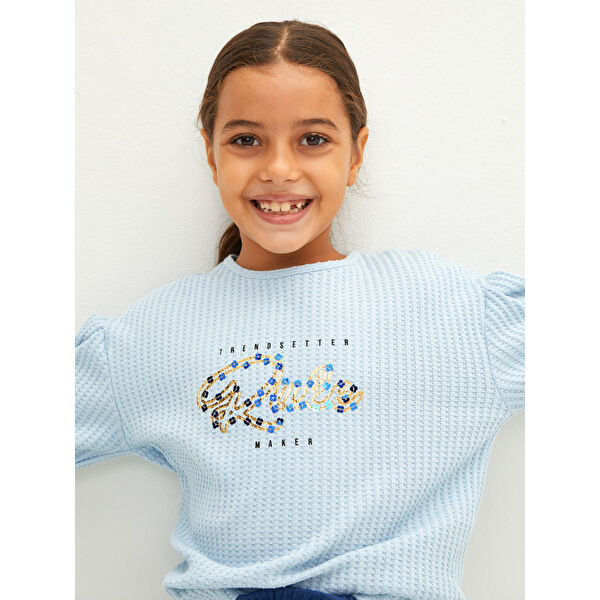 Bisiklet Yaka Baskılı Uzun Kollu Pamuklu Kız Çocuk Tişört