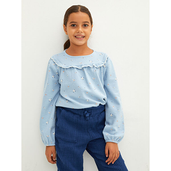 Bisiklet Yaka Baskılı Uzun Kollu Kız Çocuk Tişört