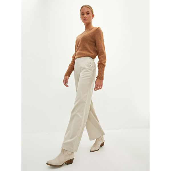 Beli Lastikli Düz Cep Detaylı Bol Fit Keten Görünümlü Kumaş Kadın Pantolon