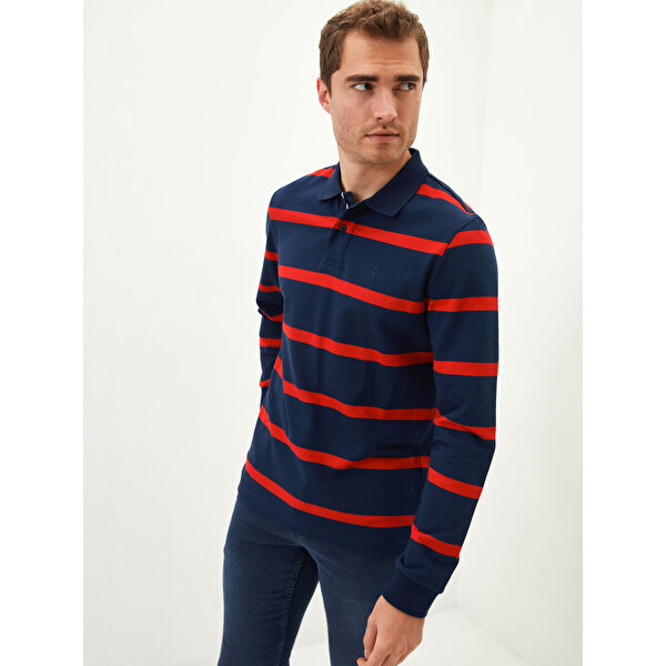 Polo Yaka Uzun Kollu Çizgili Erkek Sweatshirt