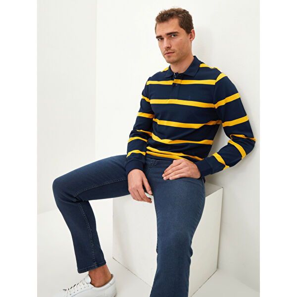 Polo Yaka Uzun Kollu Çizgili Erkek Sweatshirt