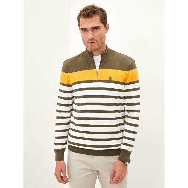 Dik Yaka Uzun Kollu Çizgili Erkek Triko Kazak