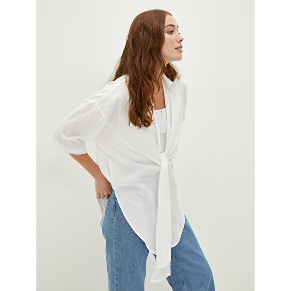 Gömlek Yaka Düz Kısa Kollu Pamuklu Kadın Kimono