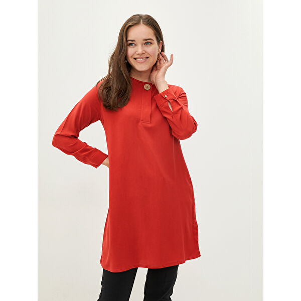 Bisiklet Yaka Düz Uzun Kollu Viskon Kadın Tunik