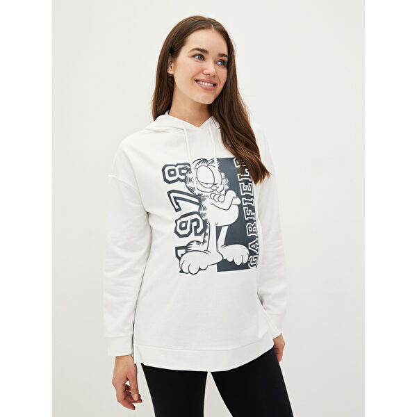 Kapüşonlu Garfield Baskılı Uzun Kollu Hamile Sweatshirt