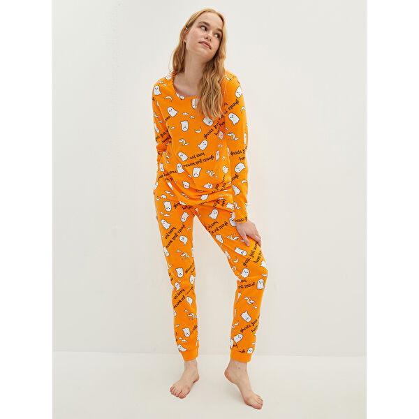 U Yaka Desenli Uzun Kollu Pamuklu Kadın Pijama Takımı