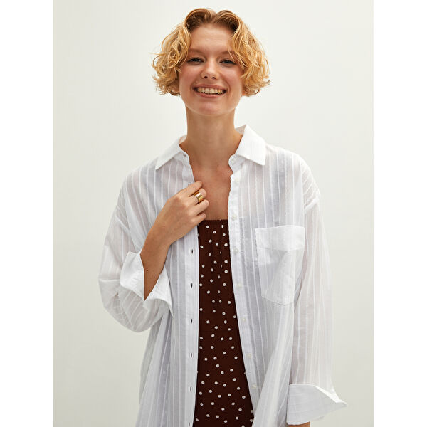 Gömlek Yaka Nakışlı Uzun Kollu Poplin Kadın Tunik Gömlek Yaka Nakışlı Uzun Kollu Poplin Kadın Tunik