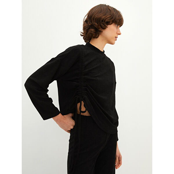 Bisiklet Yaka Büzgü Detaylı Uzun Kollu Kadın Kazak