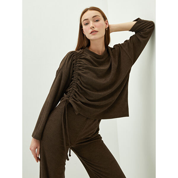 Bisiklet Yaka Büzgü Detaylı Uzun Kollu Kadın Kazak