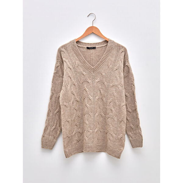 V Yaka Kendinden Desenli Uzun Kollu Kadın Triko Tunik V Yaka Kendinden Desenli Uzun Kollu Kadın Triko Tunik