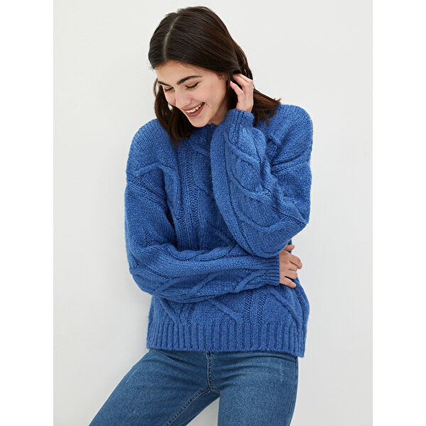 Bisiklet Yaka Kendinden Desenli Uzun Kollu Oversize Kadın Triko Kazak