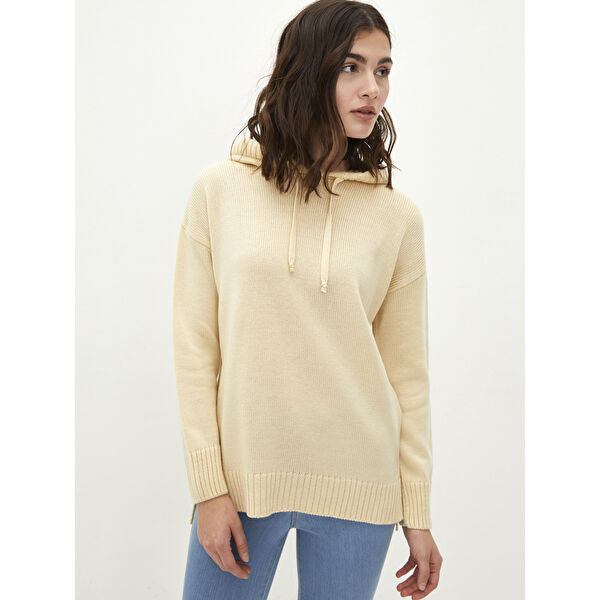 Kapüşonlu Düz Uzun Kollu Kadın Triko Kazak Kapüşonlu Düz Uzun Kollu Kadın Triko Kazak