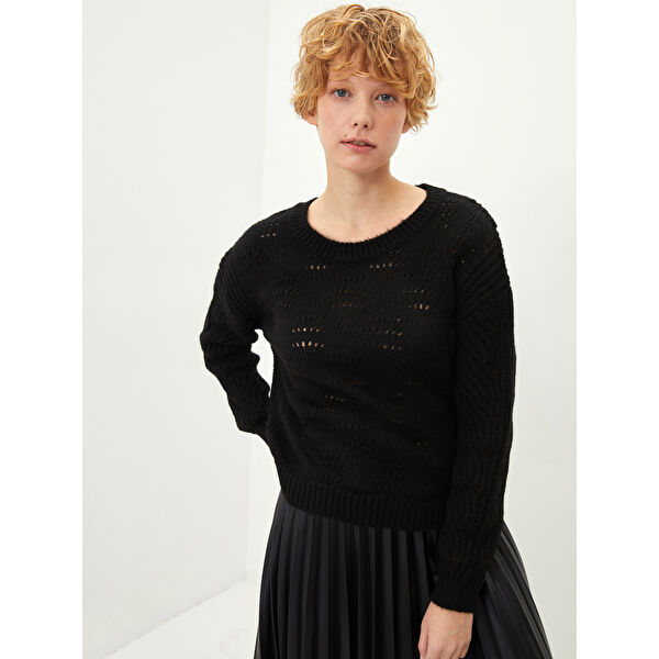 Bisiklet Yaka Kendinden Desenli Uzun Kollu Kadın Triko Kazak