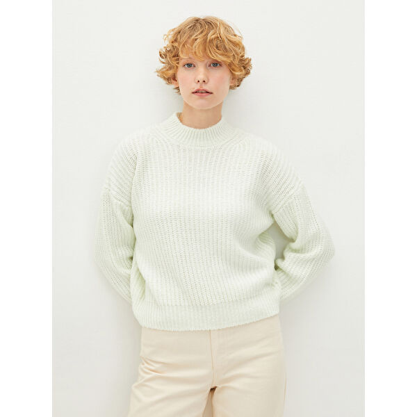 Yarım Balıkçı Yaka Düz Uzun Kollu Kadın Triko Kazak