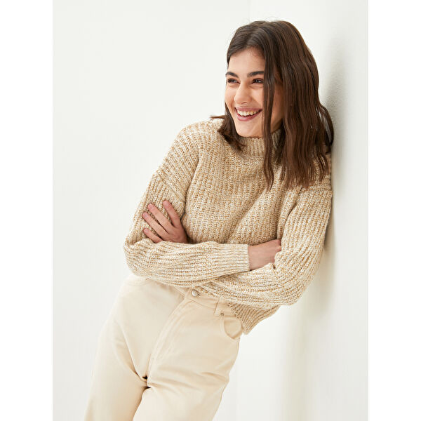 Yarım Balıkçı Yaka Düz Uzun Kollu Kadın Triko Kazak