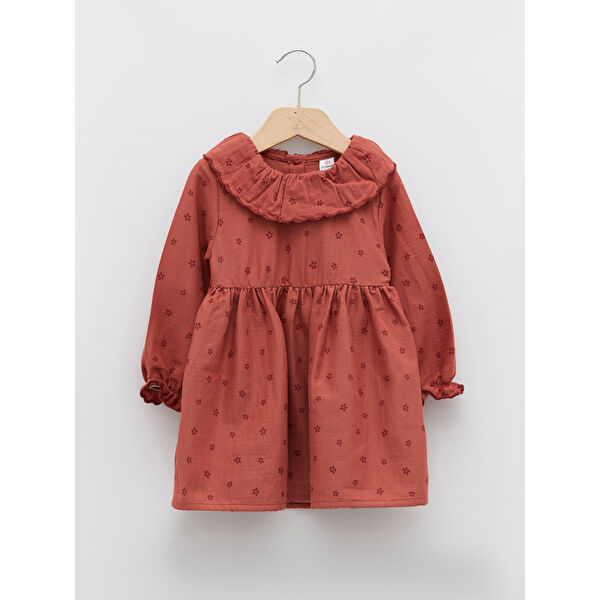 Bisiklet Yaka Uzun Kollu Pamuklu Baskılı Kız Bebek Elbise