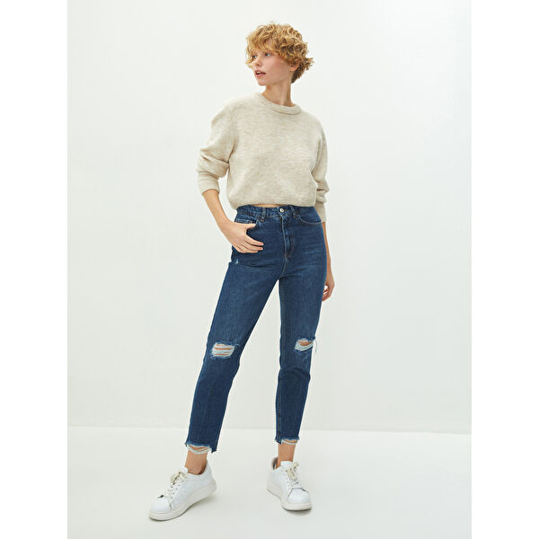 Yüksek Bel Mom Fit Cepli Yırtık Detaylı Kadın Rodeo Jean Pantolon Yüksek Bel Mom Fit Cepli Yırtık Detaylı Kadın Rodeo Jean Pantolon