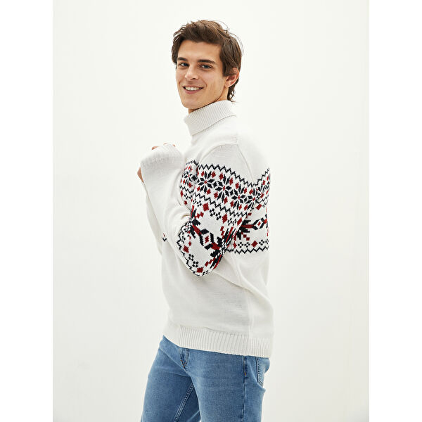 Balıkçı Yaka Uzun Kollu Desenli Erkek Triko Kazak