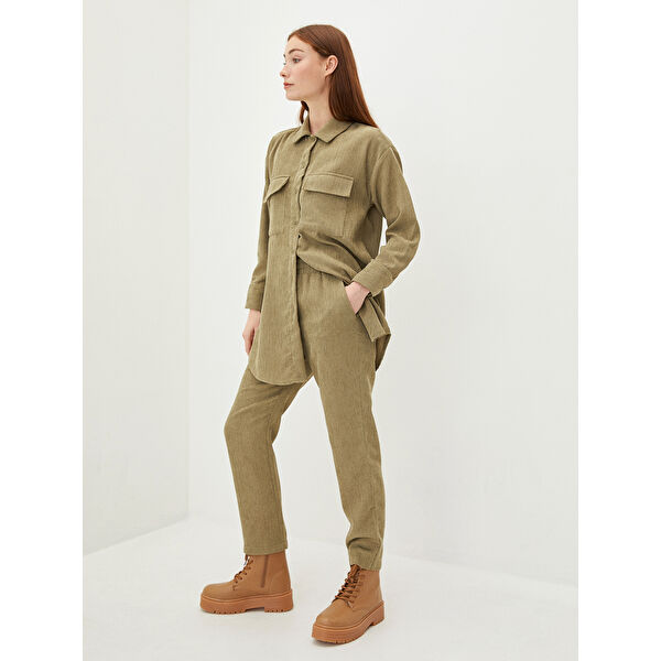 Beli Lastikli Rahat Kalıp Düz Kadife Kadın Pantolon