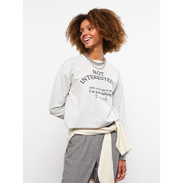 LCW CASUAL Bisiklet Yaka Yazı Baskılı Uzun Kollu Kadın Sweatshirt