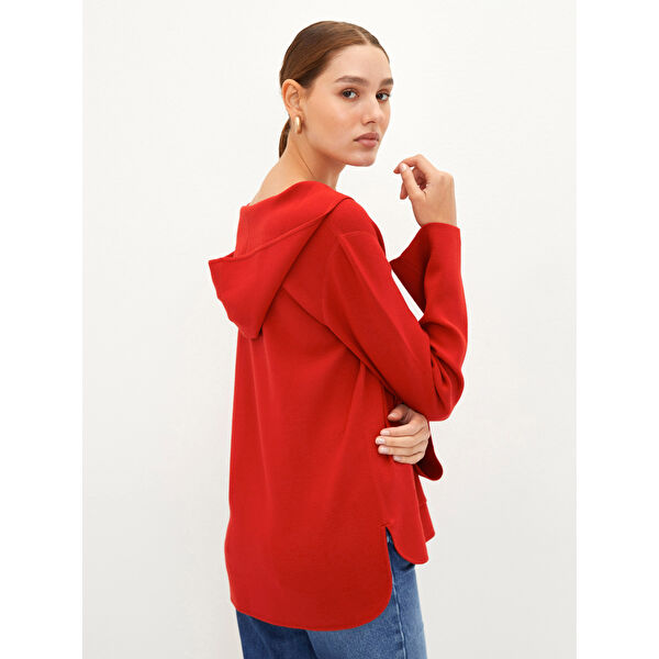 Kapüşonlu Düz Uzun Kollu Kadın Triko Kazak Kapüşonlu Düz Uzun Kollu Kadın Triko Kazak