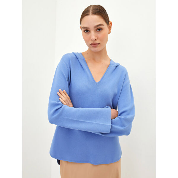 Kapüşonlu Düz Uzun Kollu Kadın Triko Kazak Kapüşonlu Düz Uzun Kollu Kadın Triko Kazak