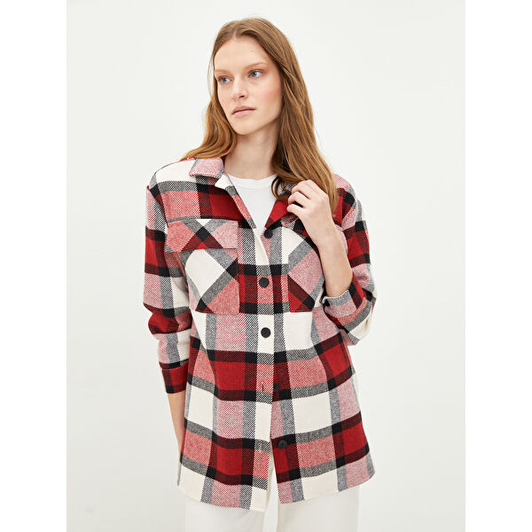 Önden Düğme Kapamalı Ekose Uzun Kollu Kadın Gömlek Ceket