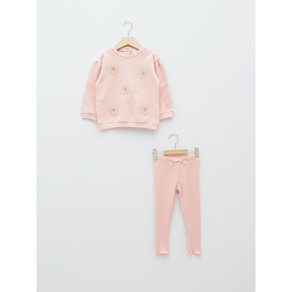 Bisiklet Yaka Uzun Kollu Nakış Detaylı Kız Bebek Sweatshirt ve Tayt 2'li