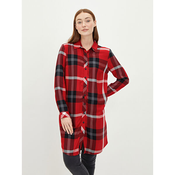 Gömlek Yaka Ekose Uzun Kollu Viskon Kadın Tunik