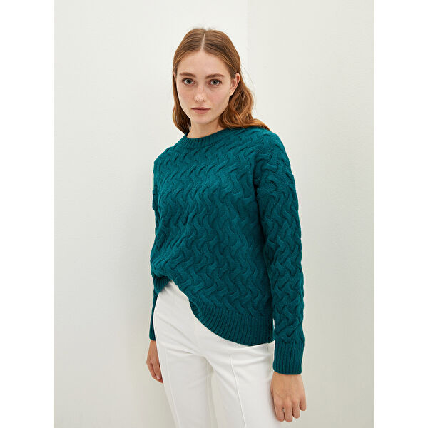 Bisiklet Yaka Kendinden Desenli Uzun Kollu Kadın Triko Kazak