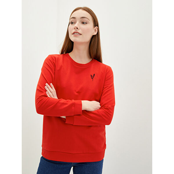 Bisiklet Yaka Nakışlı Uzun Kollu Kadın Sweatshirt