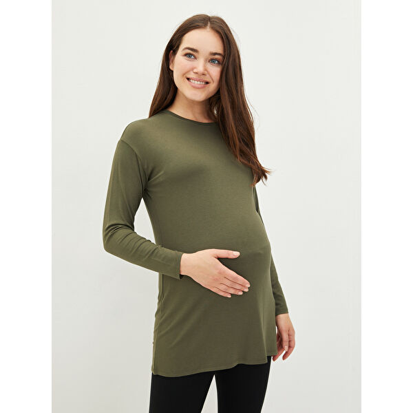 Bisiklet Yaka Düz Uzun Kollu Viskon Hamile Tunik